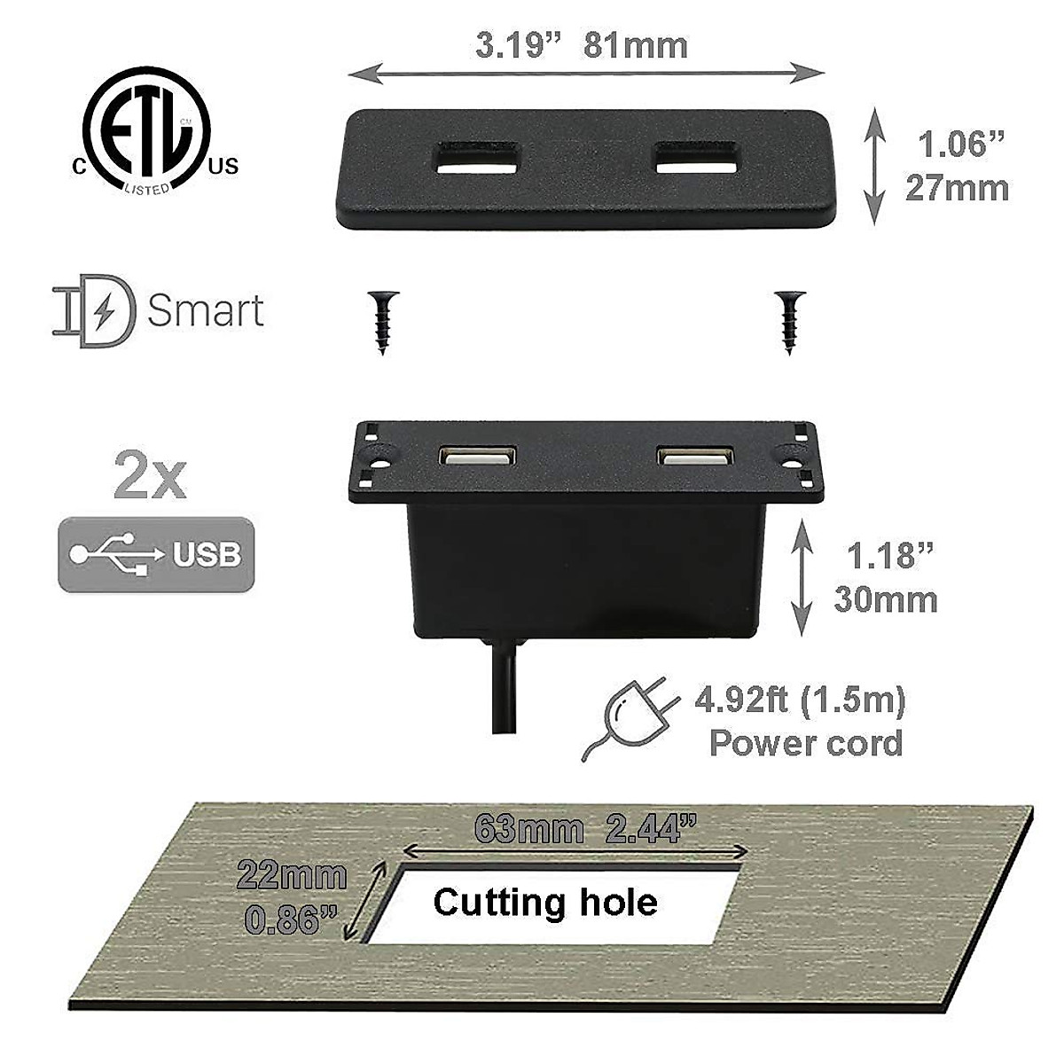 Powered USB Hub Socket Recessed USB Power Outlet Power Gromment 2 USB 2.1A Mounted into Bed Desk Table