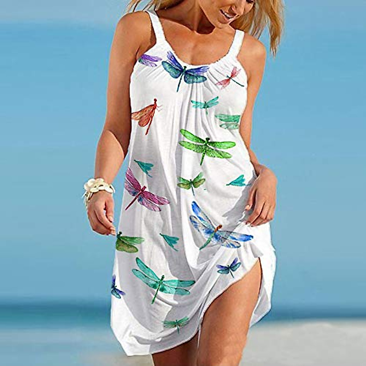 Vedolay Dresses for Womens Sexy Summer, Womens Summer Print Color Block Sleeveless Dress A-Line Mini Mini Sundress