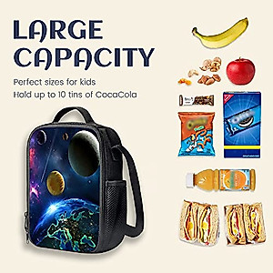 Kids Lunch Box, Insulated Lunch Bag for Girls & Boys, Space Galaxy Planet Lunch Bag with Shoulder Strap, School Bento Lunchbox for Kids Toddlers Teens, Black Reusable Cooler Thermal Meal Tote Kit