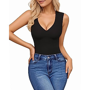 MANGOPOP Double Lined Sleeveless V Neck Tank Tops Fashion Bodysuits for Women