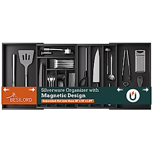 Besilord Expandable Utensil Organizer Silverware Organizer for Kitchen Adjustable Utensils Holder Bamboo Large Flatware Silverware Cutlery in Drawer
