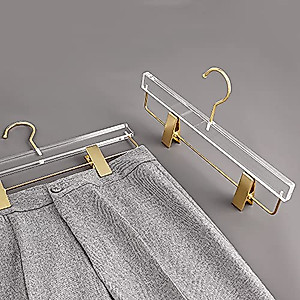 Besser 10Pack Gold Acrylic Hangers,Clear Hangers with Gold Hooks,Luxurious Skirt Pants Hangers Gold Clips for Clothing Closet Storage