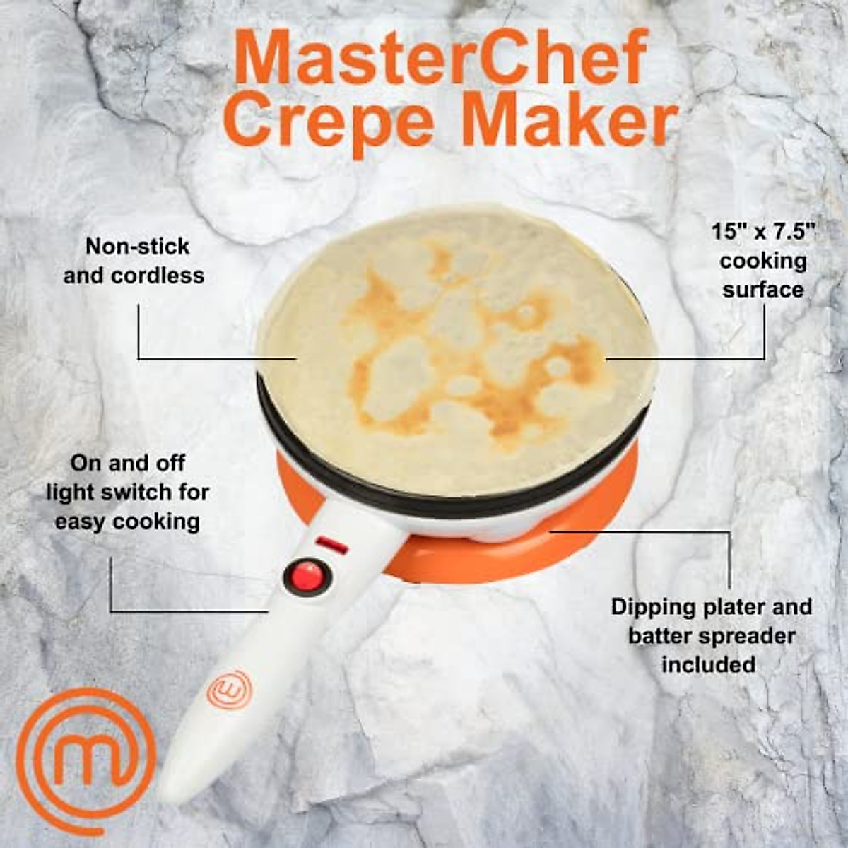 MasterChef Cordless Crepe Maker with Non-stick Dipping Plate plus Electric Base and Spatula, Recipe Guide Included, Fun Baking Gift