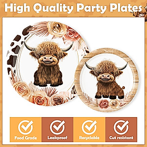 G1ngtar 96Pcs Highland Cow Party Plates Supplies Farmhouse Cow Cattle Party Tableware Decorations Farm Animal Disposable Paper Plates Napkins Forks for Kids Birthday Baby Shower, Serves 24 Guests