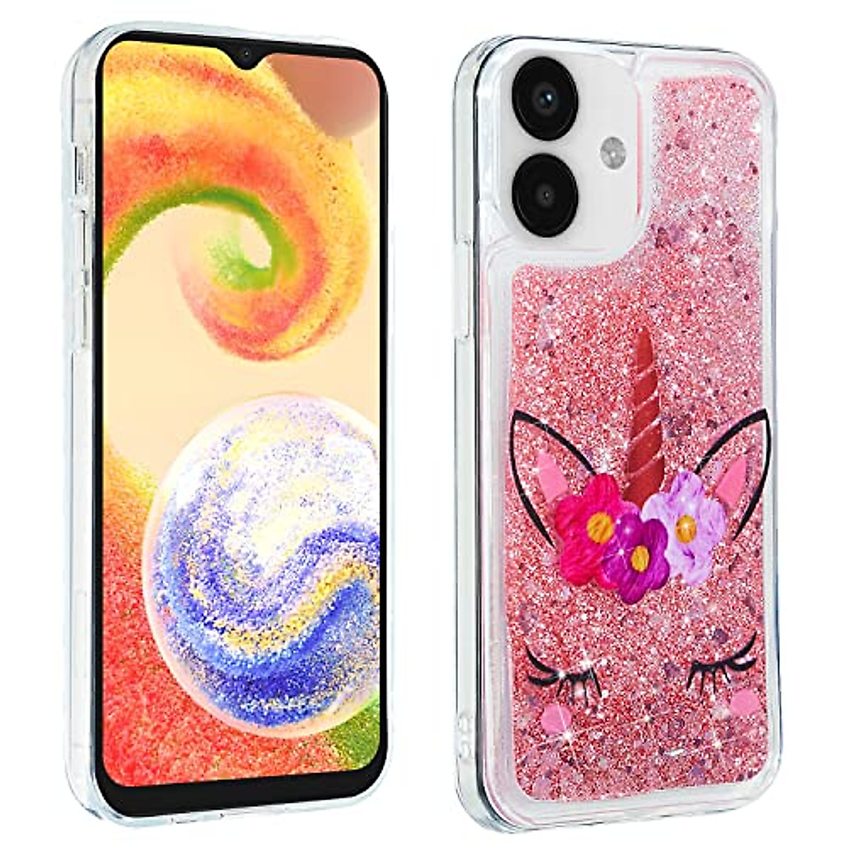 MEIKONST Galaxy A04 case, Clear Soft TPU Stylish Design with Hearts Glitter Bling Quicksand Shiny Flowing Liquid Case Cover for Samsung Galaxy A04 Pink Unicorn XY