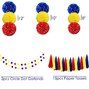 InBy Carnival 26pcs Red Blue Yellow Party Decorations Kit for Birthday Wedding Bachelorette Bridal Baby Shower Party Decor - 12" 10" 8" Tissue Flower Paper Pom Pom, Paper Tassel, Circle Dot Garland