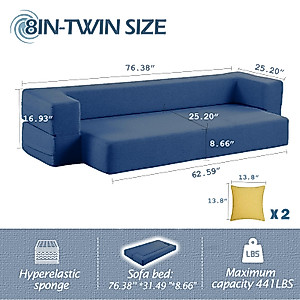 Floor Sofa with 2 Pillow, Futon Sofa Folding Sleeper Bed Convertible Sofa Couch Fabric Sofa Bed for Small Space Twin Bed Mattress with Washable Linen Sofa Cover for Living Room, Guest Bed (Blue)