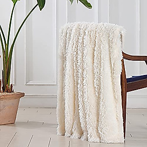 Decorative Extra Soft Faux Fur Blanket Twin Size 70" x 78",Solid Reversible Fuzzy Lightweight Long Hair Shaggy Blanket,Fluffy Cozy Plush Fleece Comfy Microfiber Blanket for Couch Sofa Bed,Cream White