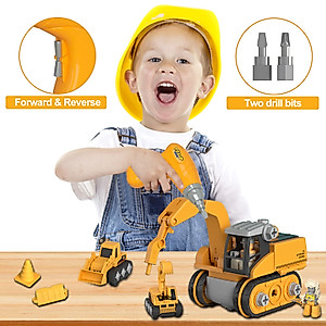 Construction Truck Toys for 3 4 5 6 Years Old Toddlers Kids Boys and Girls, STEM Take Apart Toys Cars with Electric Drill, 4 in 1 Construction Vehicles Crane Excavator Drilling Car Timber Grab Truck