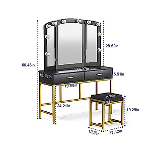 Semiocthome Black Vanity Desk with Mirror and 10 LED Lights, Makeup Vanity with 2 Drawers and Chair, Girls Vanity Set with 3pcs Mirror and Stool, Dressing Table with Gold Metal Frame for Bedroom