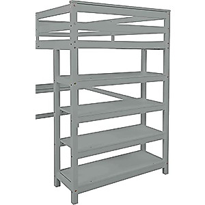 DNYN Twin Size High Loft Bed for Kids,Solid Wood Bedframe with One Desk & Four Shelves & Angle Ladder & Safety Guardrail for Boys and Girls,No Box Spring Needed,79.7"x63.4"x68.3", Gray