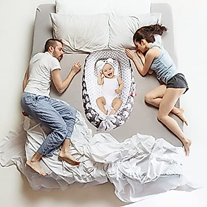 Vohunt Baby Lounger for Newborn,100% Cotton Co-Sleeper for Baby in Bed with Handles,Soft Newborn Lounger Adjustable Size & Strong Zipper Lengthen Space to 3 Tears Old(Elephant Grey)