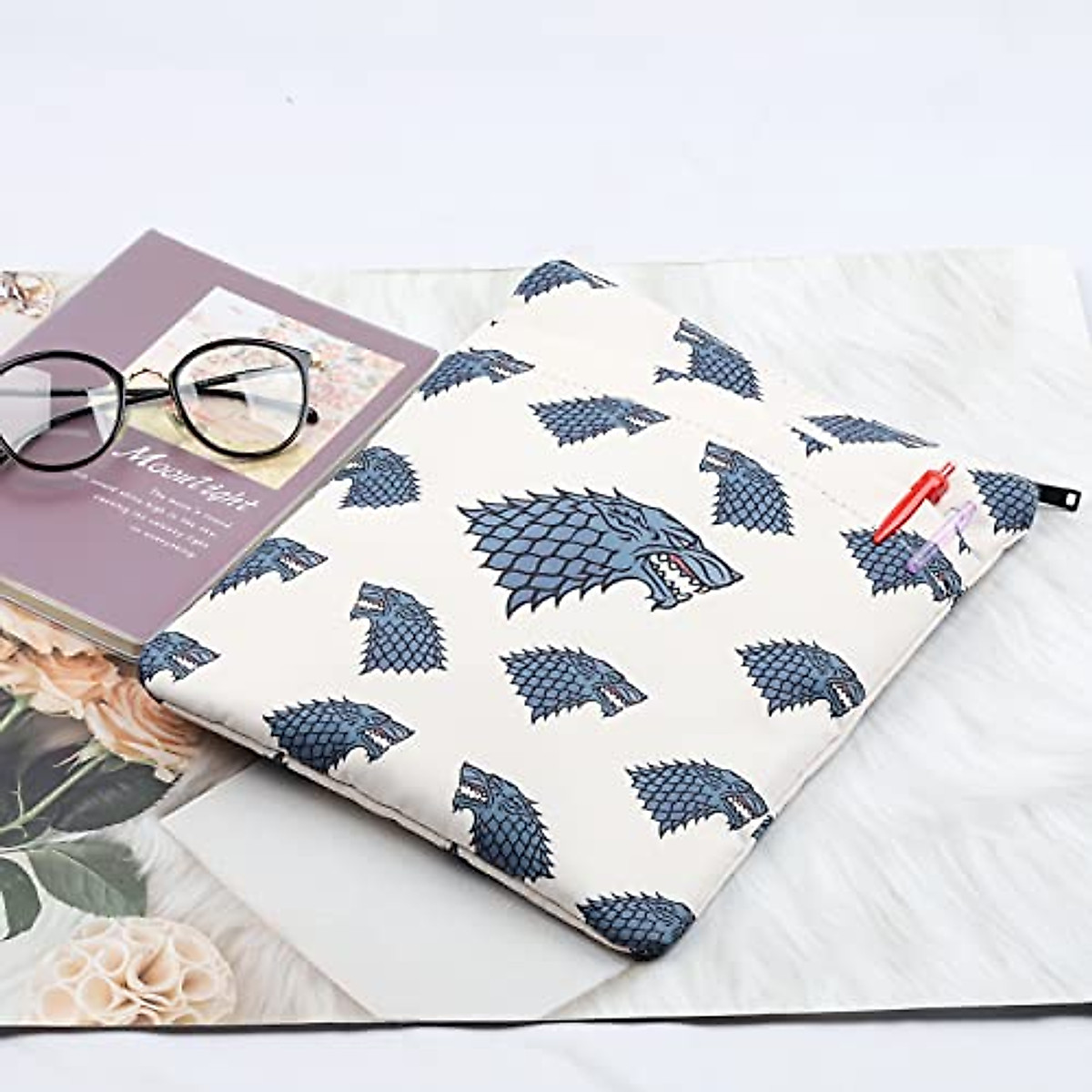 HOLLP Thrones Inspired Book Sleeve Thrones Fans Gift House Targaryen/Stark Gift for Girlfriend Boyfriend Waterproof Zipper Pouch (Stark)