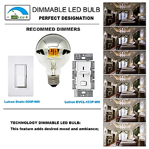 LUXON Half Chrome Light Dimmable,LED Filament Vintage Bulb with Mirror 6W (60W Equivalent) G80/G25 E26 Medium Base Warm White 2700K, 2 Pack