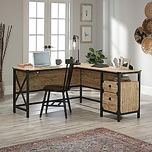 Sauder Steel River L-Shaped Desk, L: 59.84" x W: 57.32" x H: 29.53", Milled Mesquite Finish