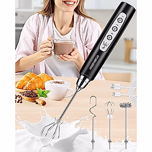 ODIFORGO Milk Frother Handheld, USB Rechargeable Electric Whisk 3 Speed Adjustable, Coffee Frother Wand with 3 Stainless Whisks, Egg Beater, Drink Mixer Blender for Coffee Latte Cappuccino Matcha
