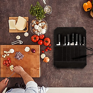 QCWN Waxed Canvas Chef Knife Roll Bag Heavy Duty Knife Roll Case Storage Knife Cutlery Carrier Kitchen Roll Tool Bag Case with 6 Slots Wrapping Strap Best Gift For Cooking Chefs(Black)