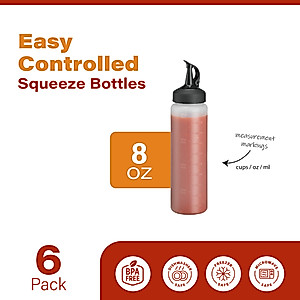 6 Pack Condiment Squeeze Bottles for Sauces - 8 Oz Squirt Bottles for Liquids, Easy Pour Sauce Bottles with Leak Proof Snap Cap, Condiment Bottles, Plastic Squeeze Bottles for Liquids, Ketchup, Oil