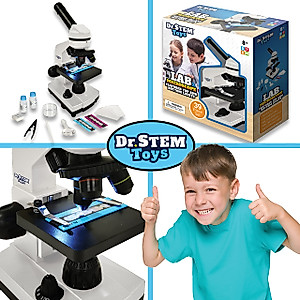 Dr. STEM Toys 39 Piece Microscope Kit for Kids with Top and Bottom Lights, Specimen Slides, 40X, 100X, and 400X Adjustable Lenses - for Kids and Schools (Ages 8+), White