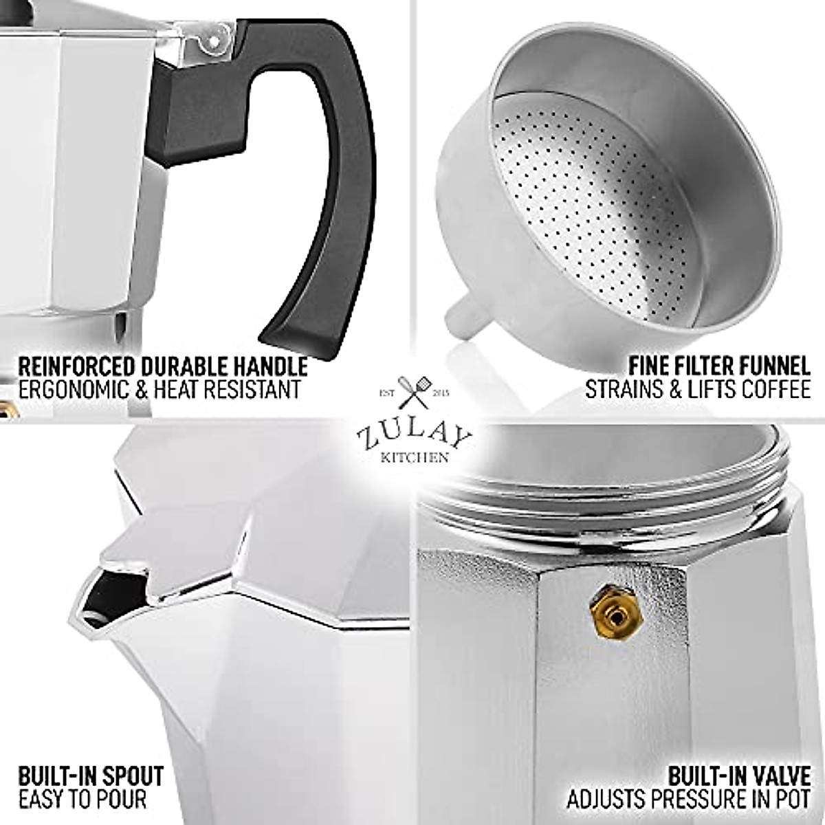 Zulay Kitchen Stovetop Espresso Maker - Moka Pot 6 Espresso Cups - Percolator Coffee Maker for Classic Cuban & Italian Style Espresso - Portable Coffee Maker for Camping & Travel - (Silver)