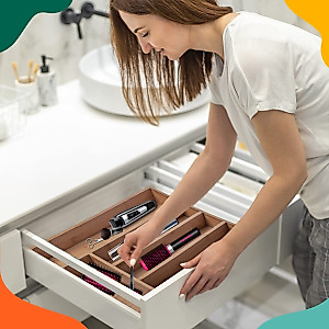 ECO SOUL Organic Bamboo Wooden Kitchen Drawer Organizer | Sturdy, Large 11' x 16' | Organizer Tray for Silverware, Cutlery, Flatware, Utensil Holder | Grooved Drawer Dividers, 6 slots