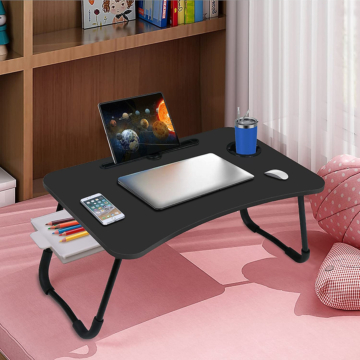 Fayquaze Laptop Bed Table, Portable Foldable Laptop Bed Desk with Storage Drawer and Cup Holder, Lap Desk Laptop Stand Tray Table Floor Table Serving Tray for Eating, Reading and Working
