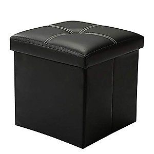 YCOCO Faux Leather Small Square Foot Rest Stools,Foot Stool with Storage,Folding Storage Ottoman Footrest Stool for Faux Leather Ottoman Chest,Toy Box Chest,11.8"X11.8"X11.8",Black Pack of 1