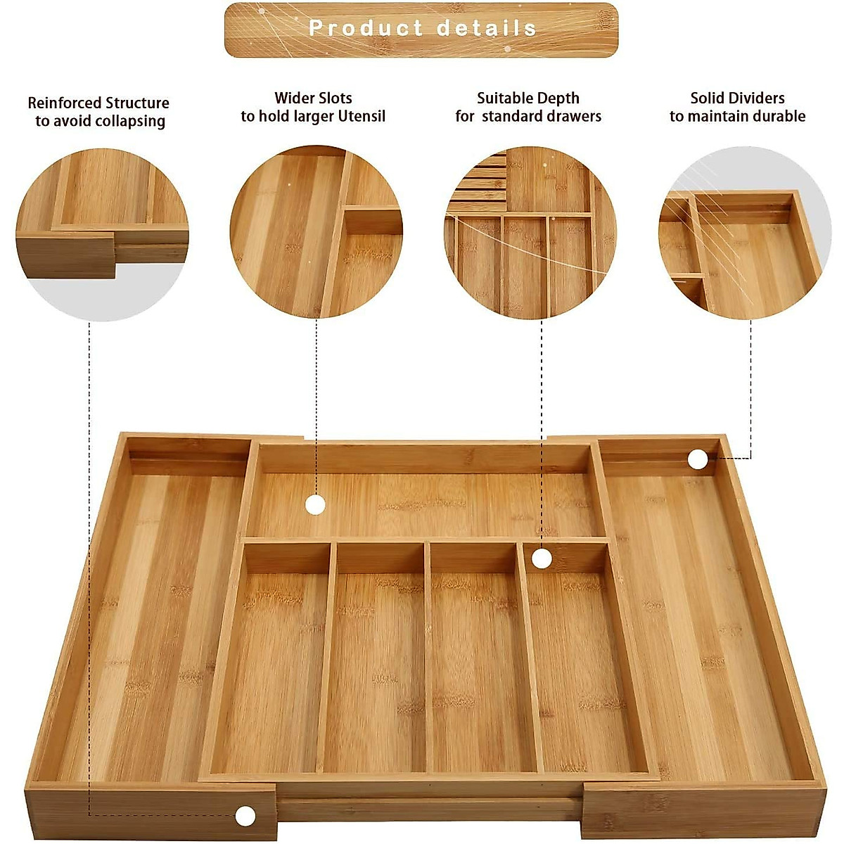 Bamboo Silverware Drawer Organizer with Knife Block Set