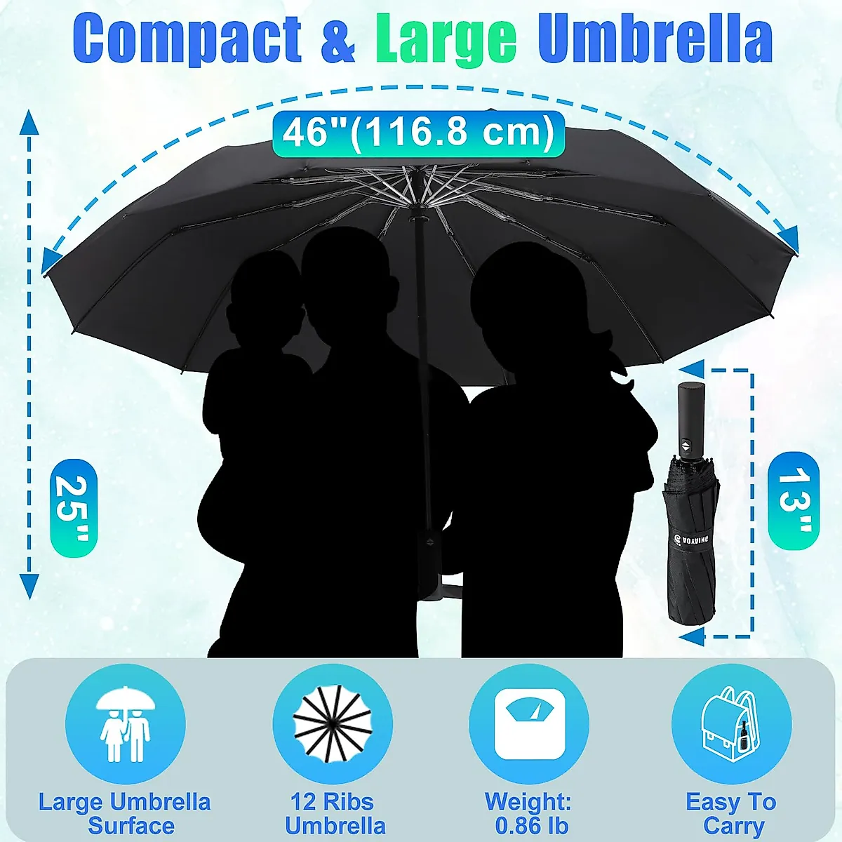GAOYAING 46 Inch Large Automatic Travel Umbrella, 12 Ribs Windproof Design, Heavy Duty Strong 210T Pongee Fabric Folding Umbrella with Sleeve, Black