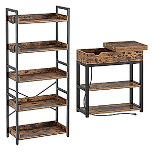 Rolanstar Bookshelf 6 Tier with 4 Hooks, Industrial Wood Bookcase, Vintage Storage Rack with Open Shelves, Rustic Standing Bookshelves Metal Frame Display Rack Bundle End Table with Charging Station