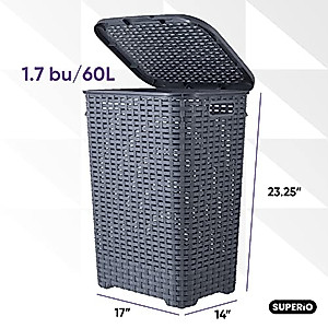 Plastic Laundry Hamper with Lid Laundry Hamper Basket, Grey 2 Pack Tall Cloths Hamper Organizer with Cut-out Handles. Space Saving for Laundry Room Bedroom Bathroom, Wicker Design 60 Liter
