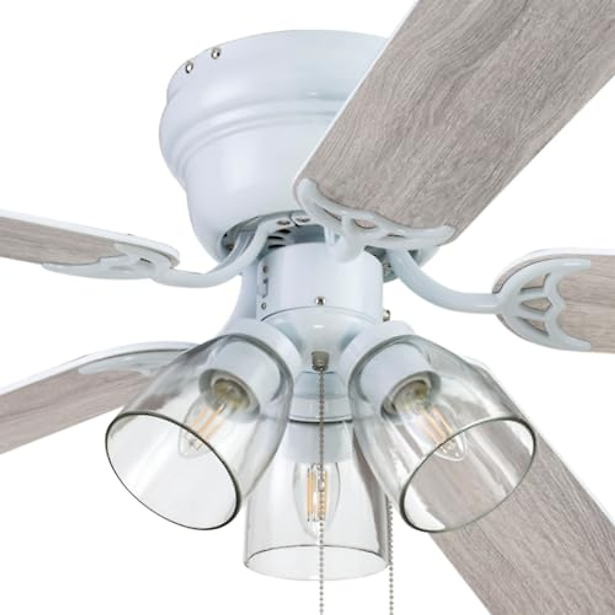 Portage Bay Ceiling 52" Renton White Indoor Fan with Clear 3 Light LED Multi Arm E26/B11 Bulb and Pull-Chains, Traditional Style, 5 Reversible Gray Oak Blades, 51441, 52 Inch