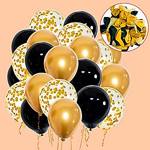 Black Gold Confetti Balloons 50 Pack 12 inch Black and Gold Metallic Latex Balloons with 1 Rolls of Ribbon for Birthday Graduation Celebration Party Decorations.