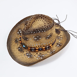 jiaoji Men & Women's Woven Straw Cowboy Cowgirl Straw Hat Cowboy Hats for Women Cowboy Hat Shapeable Brim, Beach Cowgirl (Tea Coffee/Beads)