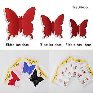 24Pcs 3D Butterfly Removable Mural Stickers Wall Stickers Decal for Kids Girls Baby Women Bedroom Bathroom Living Room Decor(red)