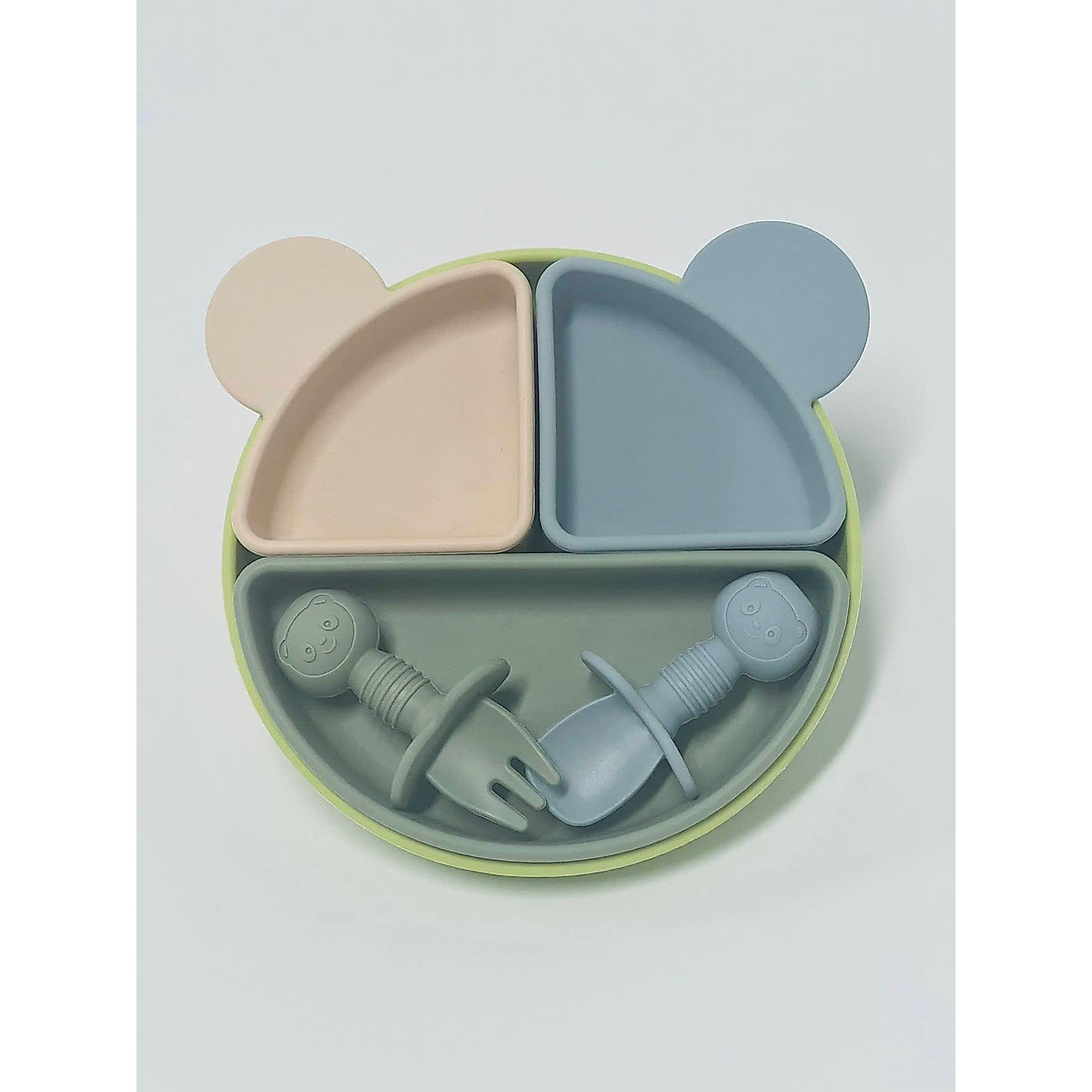 MIX COLOR SILICON BABY FEEDING SET, BABY EATING SUPPLIES, BABY LED WEANING SUPPLIES (Blue Beige Green)