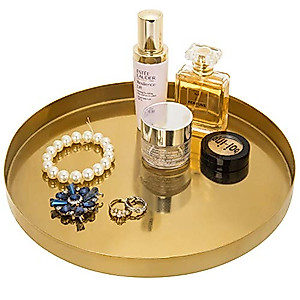 MyGift Brushed Brass Metal Decorative Tray, 11 inch Round Serving Tray - Handcrafted in India