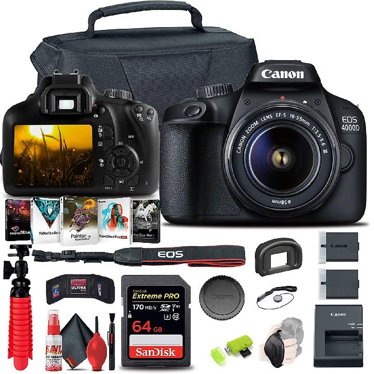 Canon EOS 4000D / Rebel T100 DSLR Camera with 18-55mm Lens, 64GB Memory Card, Case, Photo Software, LPE10 Battery, Flex Tripod, Hand Strap, Memory Wallet, Cleaning Kit (Renewed)