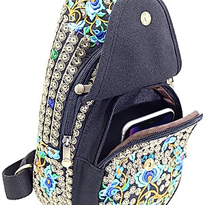 SILKAREA Embroidered Boho Small Sling Bag for Women Travel Chest Bag Crossbody Backpack Purse Shoulder Bag (Blue)