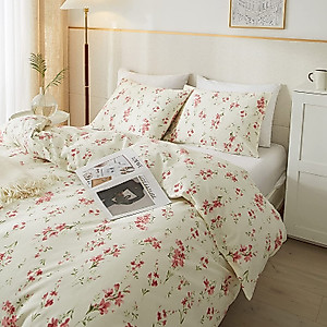 MOTNTD Floral Duvet Cover Twin Soft Cotton Bedding Set Twin Aesthetic Shabby Chic Girls Flower Pattern Duvet Cover Set 3 Piece Breathable Garden Botanical Comforter Cover with 2 Pillowcases