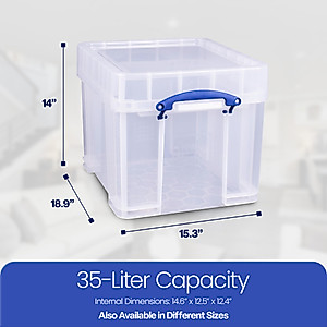 Really Useful Box 35 Liters Transparent Storage Container with Snap Lid and Clip Lock Handle for Lidded Home and Item Storage Bin