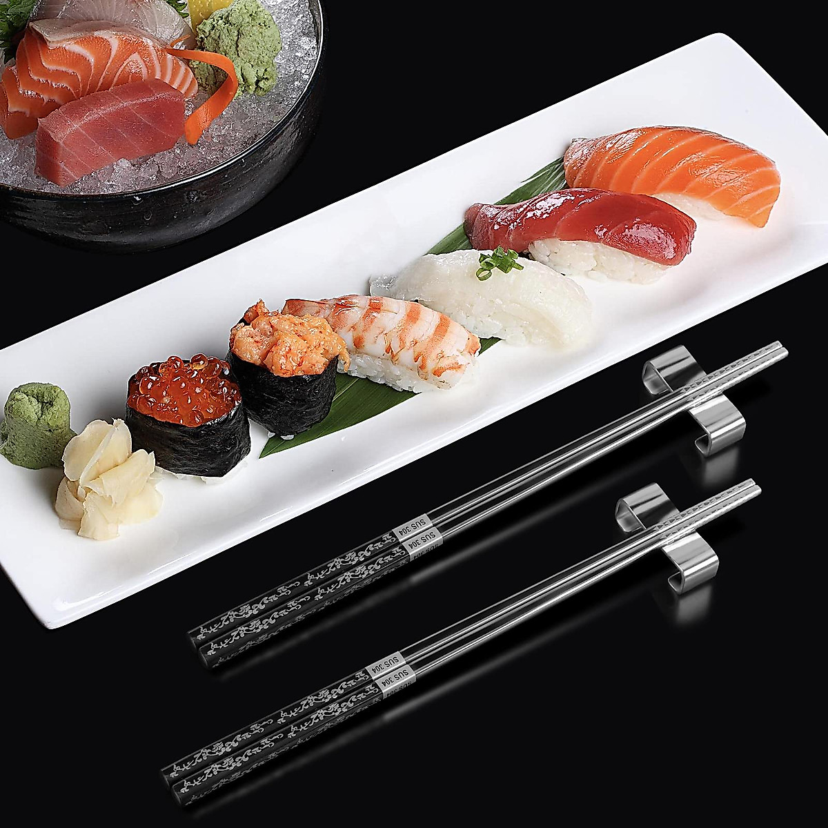 Metal Chopsticks Reusable Chop Sticks 2 Pairs with Holder Non-slip Titanium Plated Stainless Steel Chopsticks Japanese Korean Chopstick Dishwasher Safe Exquisite Pattern MOUGUTOU Gift Set (Black)