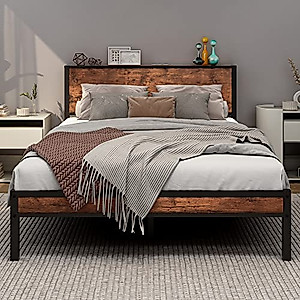 DUMEE Full Size Bed Frame with Wood Storage Headboard, Metal Platform Bed Frames Full, No Box Spring Needed, Noise Free, Reinforced Strong Support Leg, Textured Black&Brown Oak