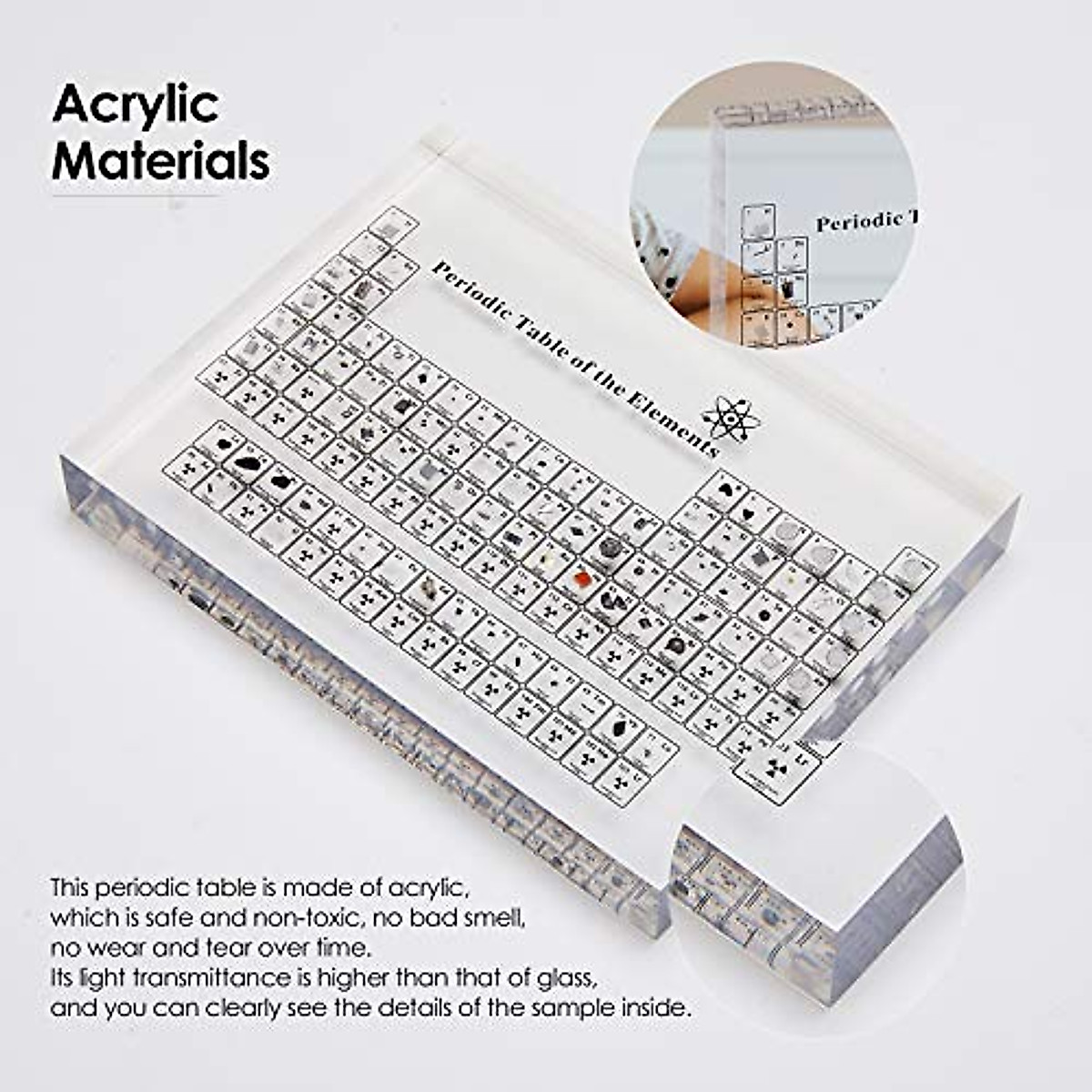 Mukarisk Large Size Periodic Table with Real Elements Inside, 7.9 Inch Acrylic Periodic Table with Elements Samples, Periodic Table Display with Elements, 7.9 * 5 * 1 inch