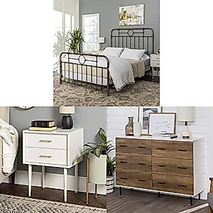 Walker Edison Furniture Company Vintage Metal Iron Pipe Queen Size Bed with Olivia 2 Drawer Wood Rectangle Side Living Room Small End Accent Table and Drawer Organizer Closet Hallway