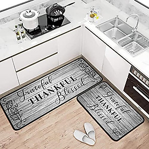 Grateful Thankful Blessed Kitchen Rugs Set of 2 Grey Non-Slip Kitchen Rug and Mat Cushioned Comfort Kitchen Standing Rug for Kitchen Floor Farmhouse Thanksgiving Decor 17"x47"+17"x30"