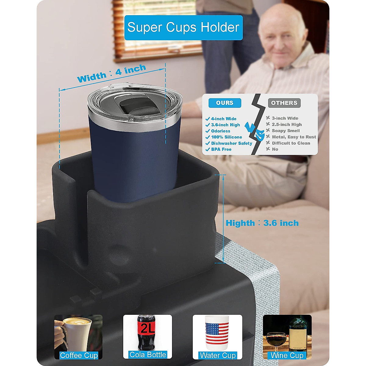 Silicone Couch Cup Holder, VIENFUT Anti-Spill Anti-Slip Sofa Armrest Tray BPA-Free, Dirt-Resistant Silicone Couch Arm Tray for Remote, Snacks, Cellphone and iPad, Gift for Family, Friend (Black)