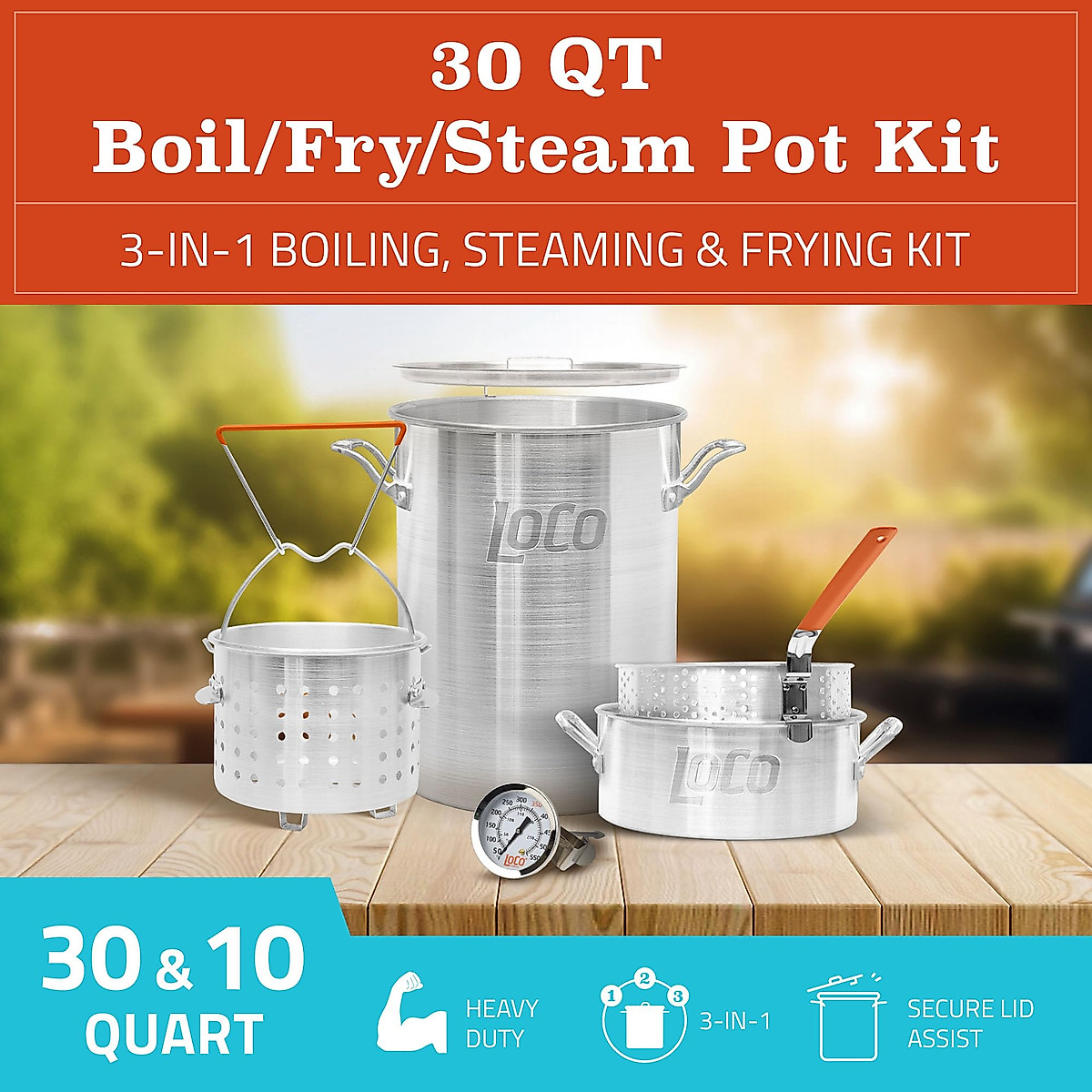 LoCo Cookers Deep Fryer Basket Pot Kit, Aluminum Circular Pots, 30 Qt, Silver