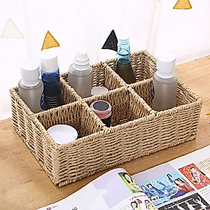Zerodeko Rattan Divided Basket Storage Box: Woven Wicker Seagrass Storage Basket Khaki Rattan Compartment Bin Makeup Organizer Multipurpose Storage Container for Makeup Small Items