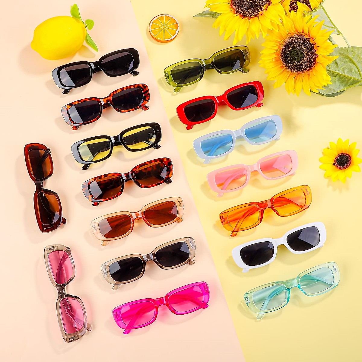 URATOT 16 Pack Small Rectangle Sunglasses Women Retro Glasses Vintage Square Eyewear Frame Sunglasses with Storage Bag